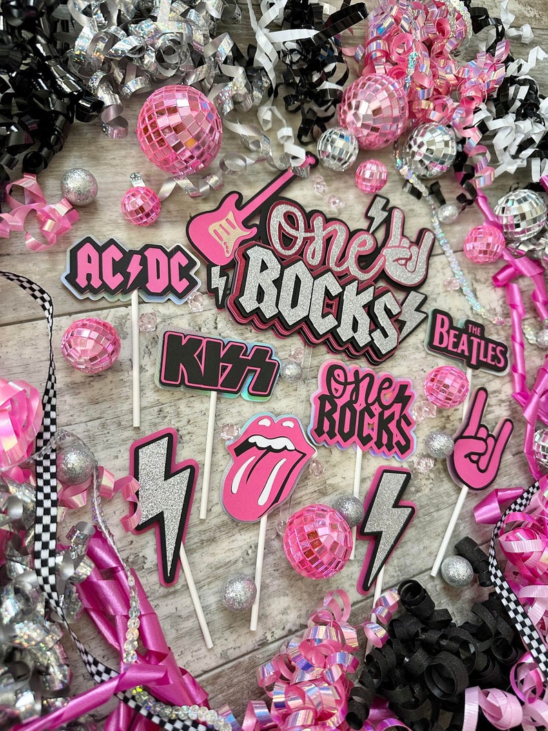 One Rocks Rock N Roll Born to Rock Pink Theme Cake Topper - Etsy
