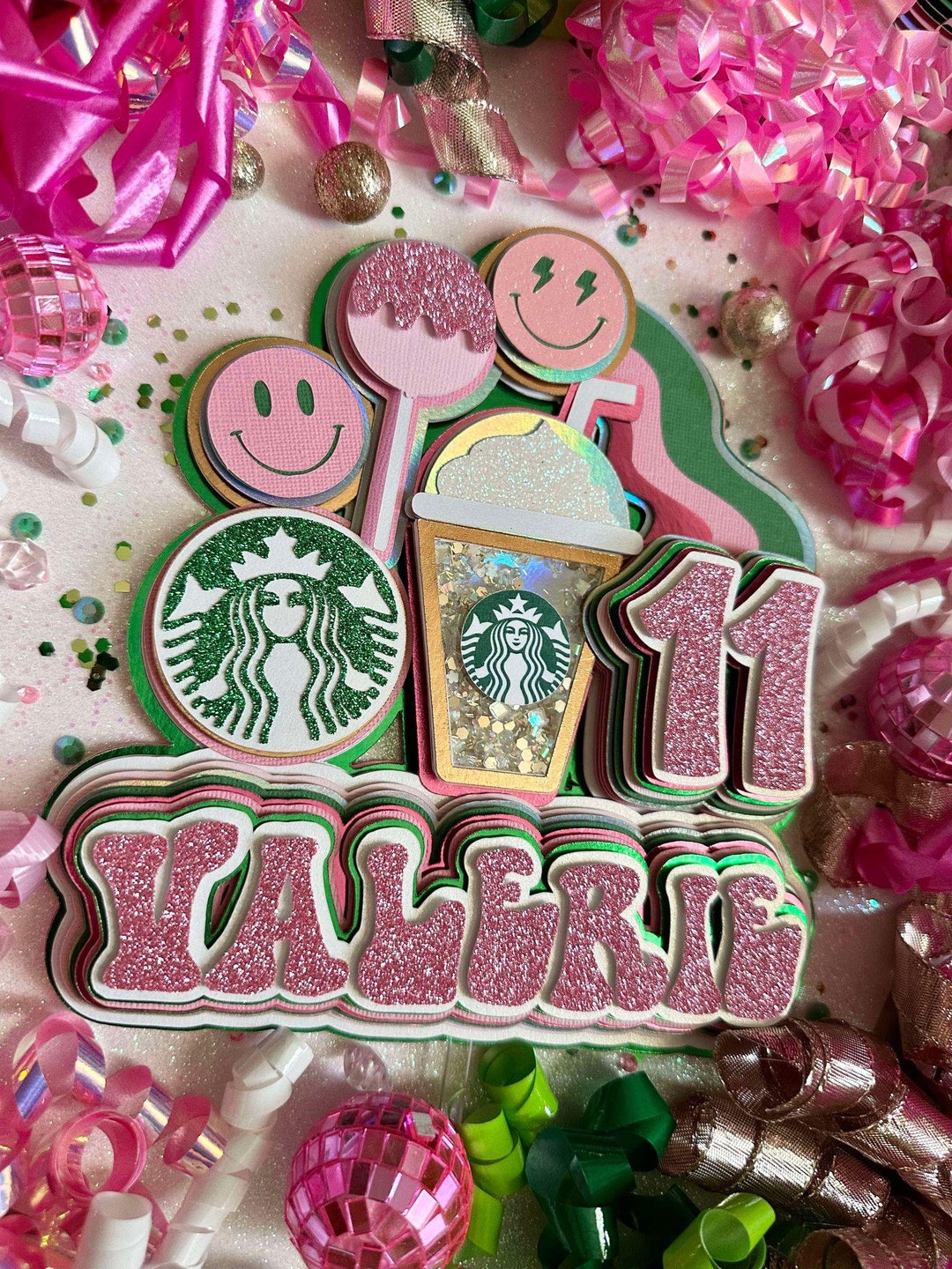 Preppy Starbies Coffee Smile Preppy Checkered Pink Green Cake Topper - Etsy