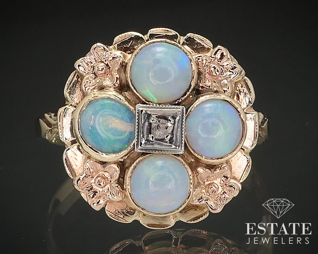 Antique Victorian 10k Yellow Gold Natural Opal & Diamond Shield Ring 3 ...