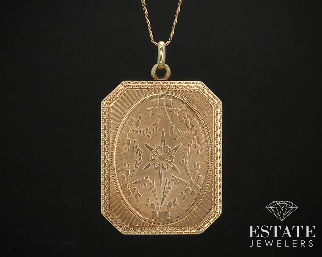 Antique Victorian 14k Yellow Gold Engraved Square Locket Necklace 17.3g ...