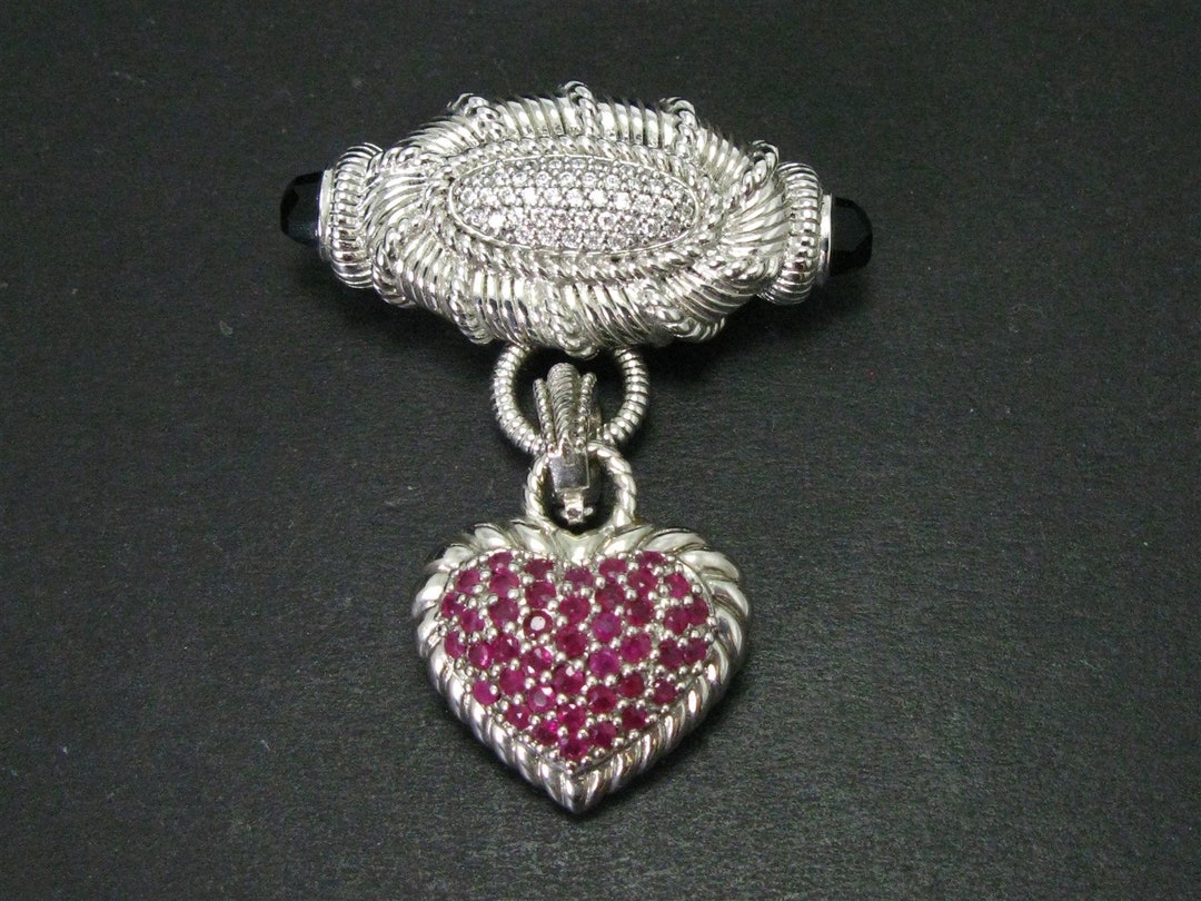 Sterling 925 Judith Ripka Ruby Black's Onyx & CZ Heart Pin Brooch 21.5g ...