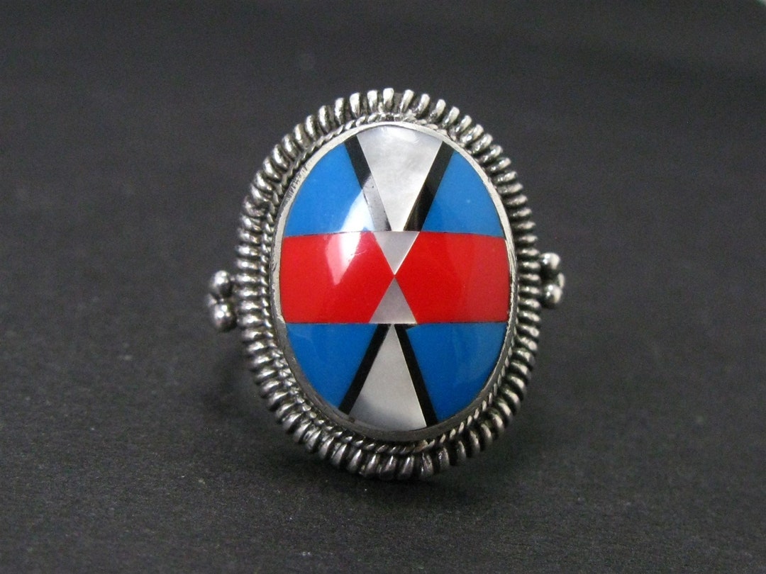 Vintage Sterling Silver Zuni Sun God Multi Gem Shield Ladies Ring 10g ...