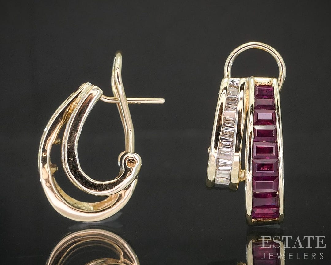 14k Yellow Gold Ruby & Diamond Omega Back Hoop Earrings 6.1g P16273 - Etsy