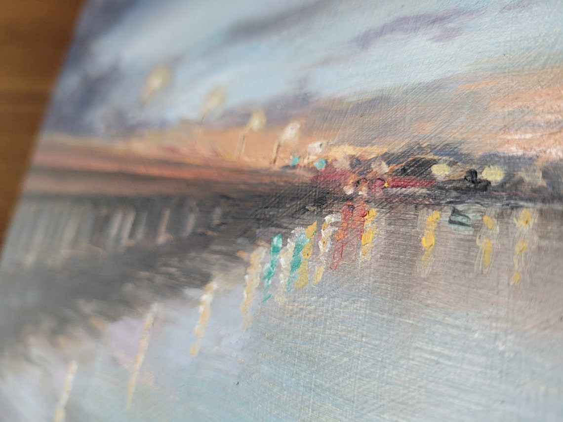 Original Landscape, Bridge, Night Lights - 8x8 Oil Painting on Cradled ...