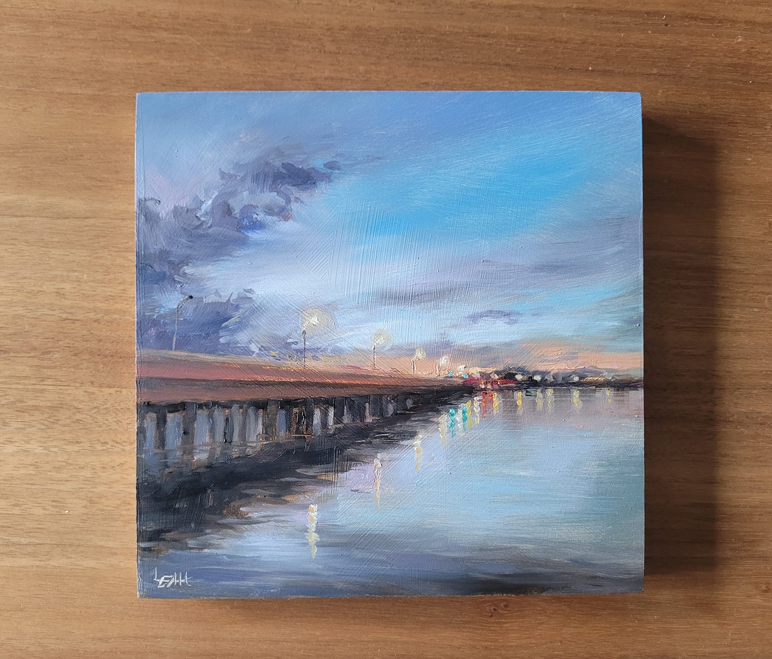 Original Landscape, Bridge, Night Lights - 8x8 Oil Painting on Cradled ...