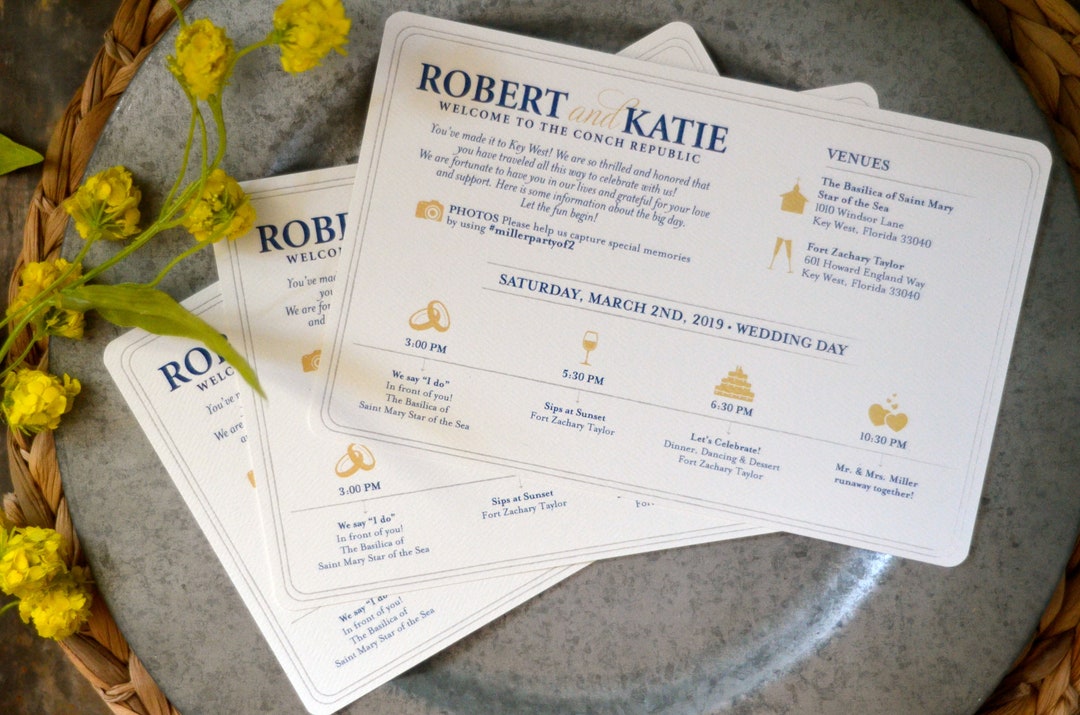 Blue & Gold Flourish Timeline of Events Wedding Weekend Timeline Card ...
