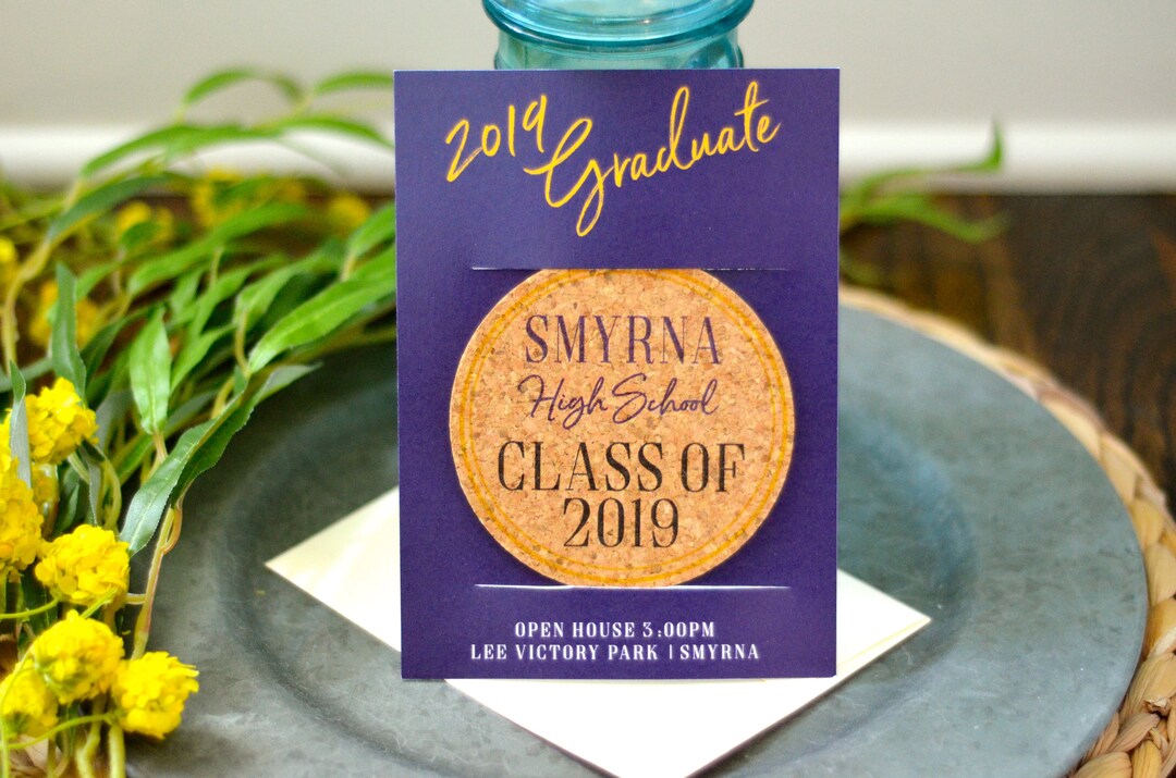 2022 Graduation Party Invitations & Announcement Purple and Gold // Photo Card Cork Coaster Save ...