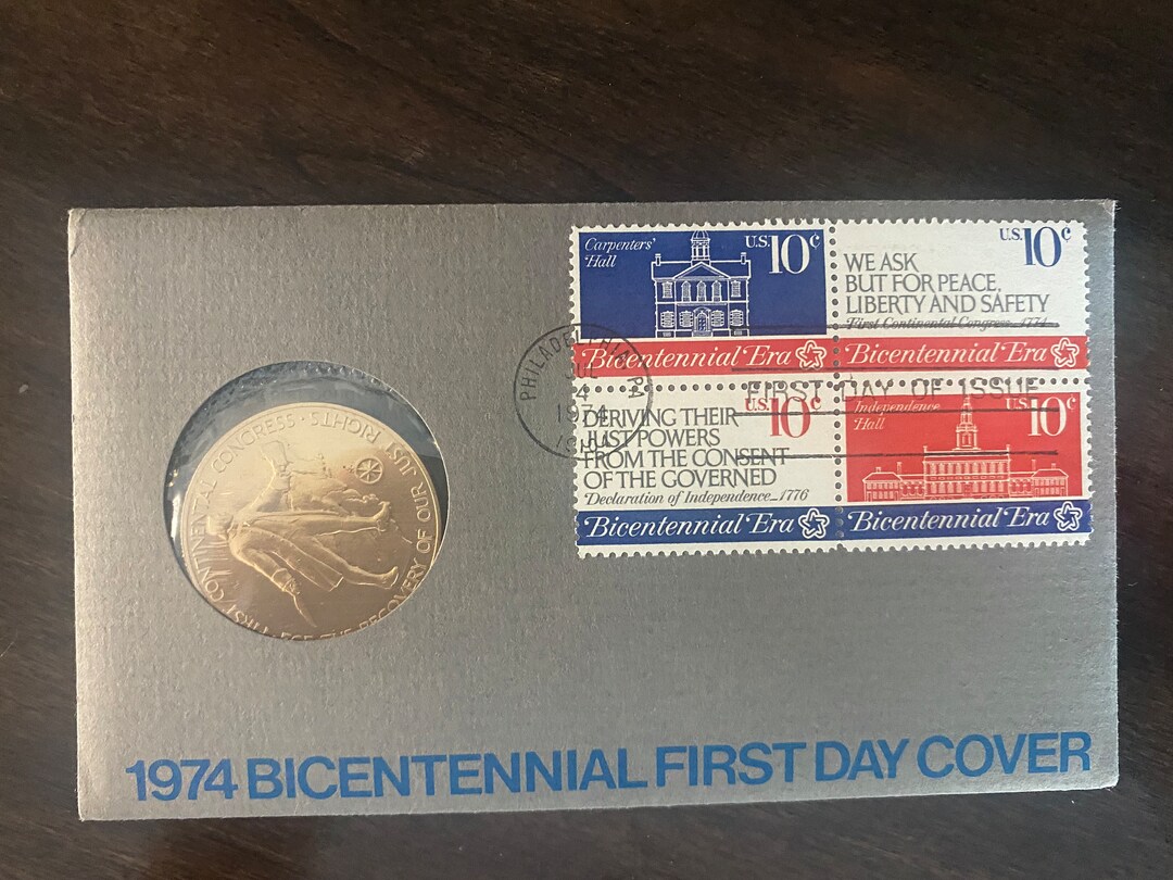 1974 Bicentennial First Day Cover - Commemorative Medal and Stamps Set ...