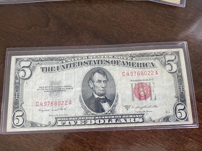 1953 5.00 Antique Red Seal Antique Note US Small Notes Obsolete Notes ...