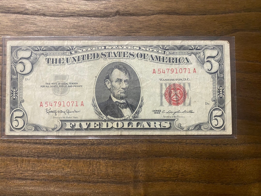 1963 5.00 Red Seal US Note - Small Size Notes - Antique Note - US Small ...