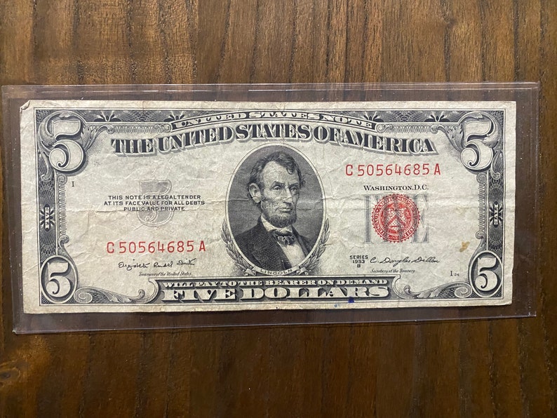 1963 5.00 Red Seal US Note - Small Size Notes - Antique Note - US Small ...