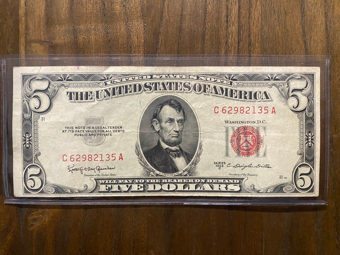 1953 5.00 Red Seal US Note - Small Size Notes - Antique Note - US Small ...