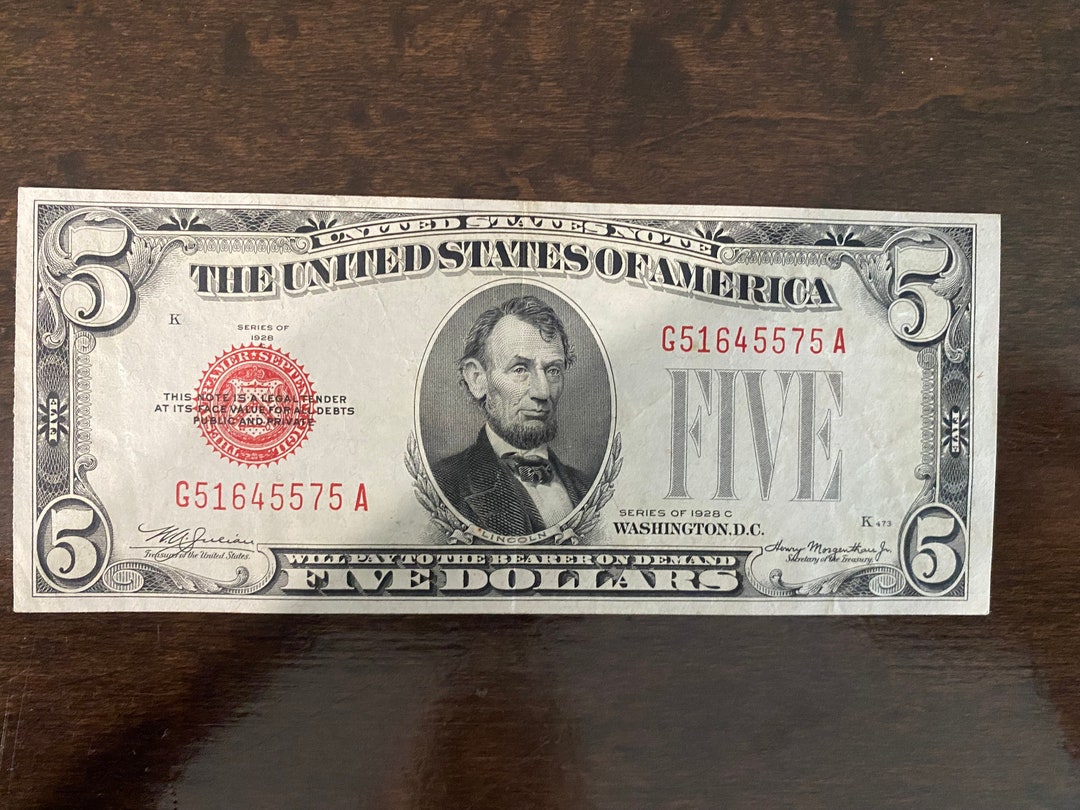 1928 5.00 Red Seal - Antique Note - US Small Notes - Obsolete Notes ...