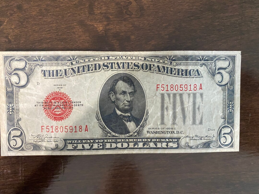 1928 5.00 Red Seal- Antique Note - US Small Notes - Obsolete Notes ...