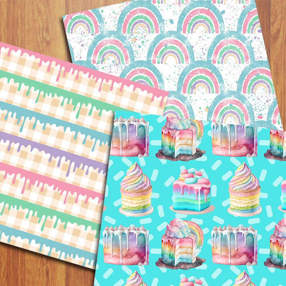 Rainbow Cakes Digital Papers, Watercolor Desserts Backgrounds, Bakery ...