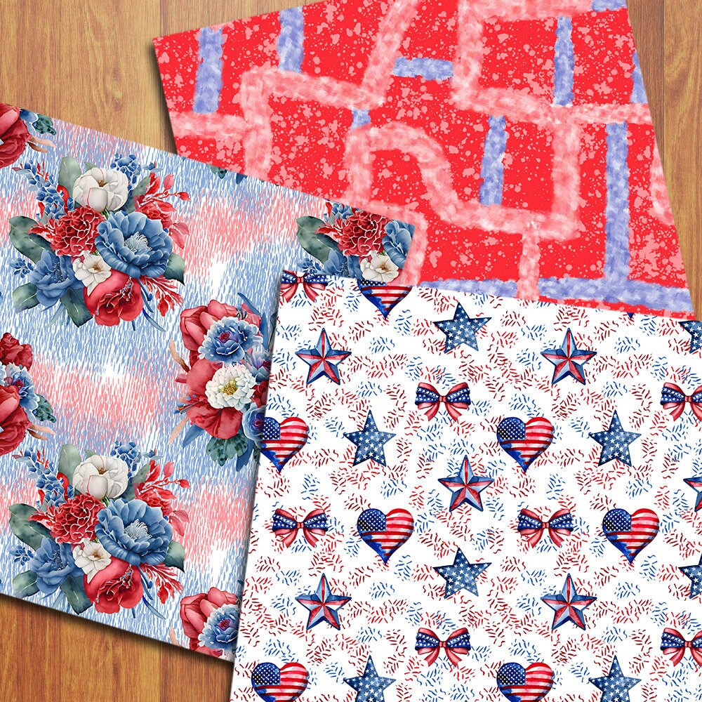 4th of July Digital Papers, Independence Day Backgrounds, Red and Blue ...