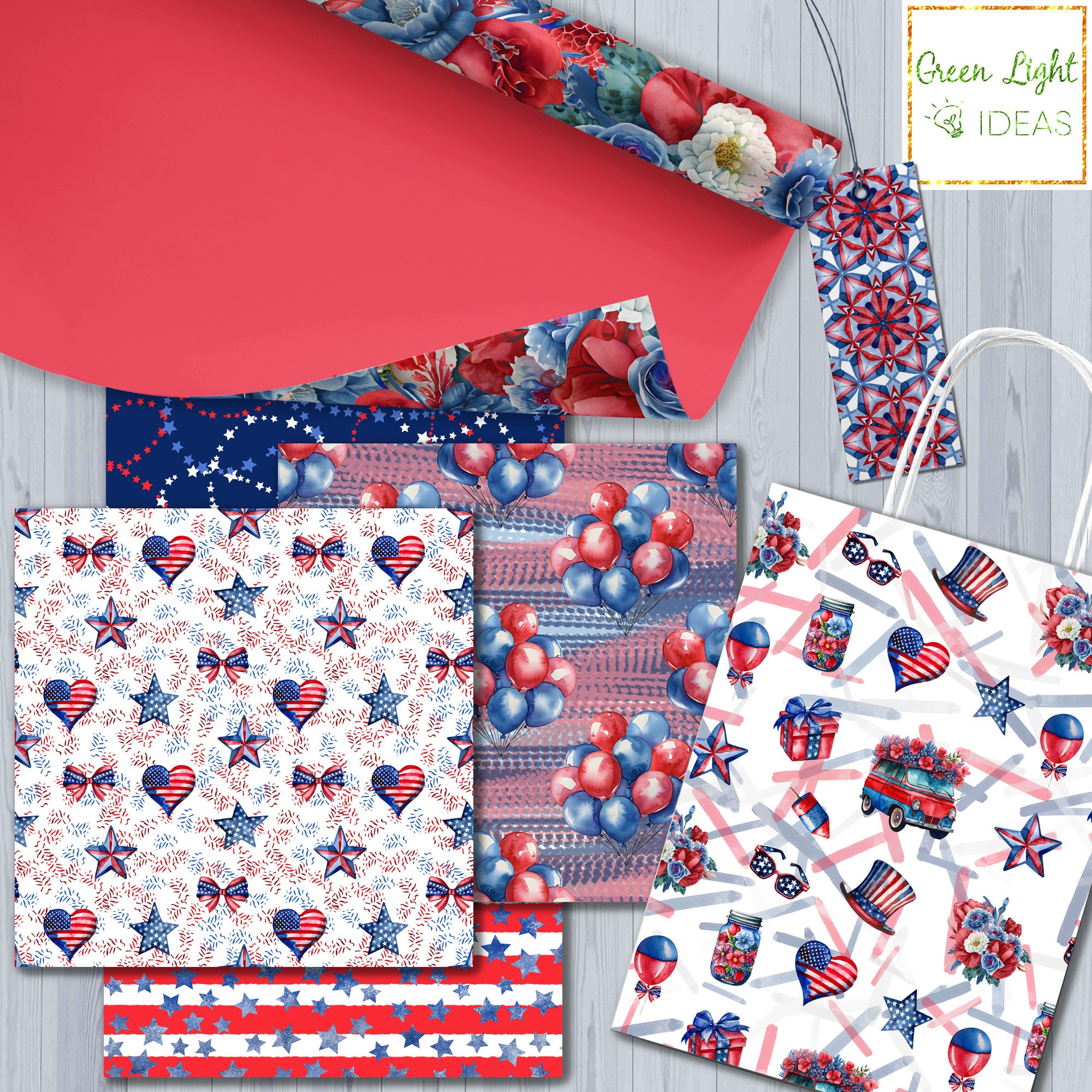 4th of July Digital Papers, Independence Day Backgrounds, Red and Blue ...