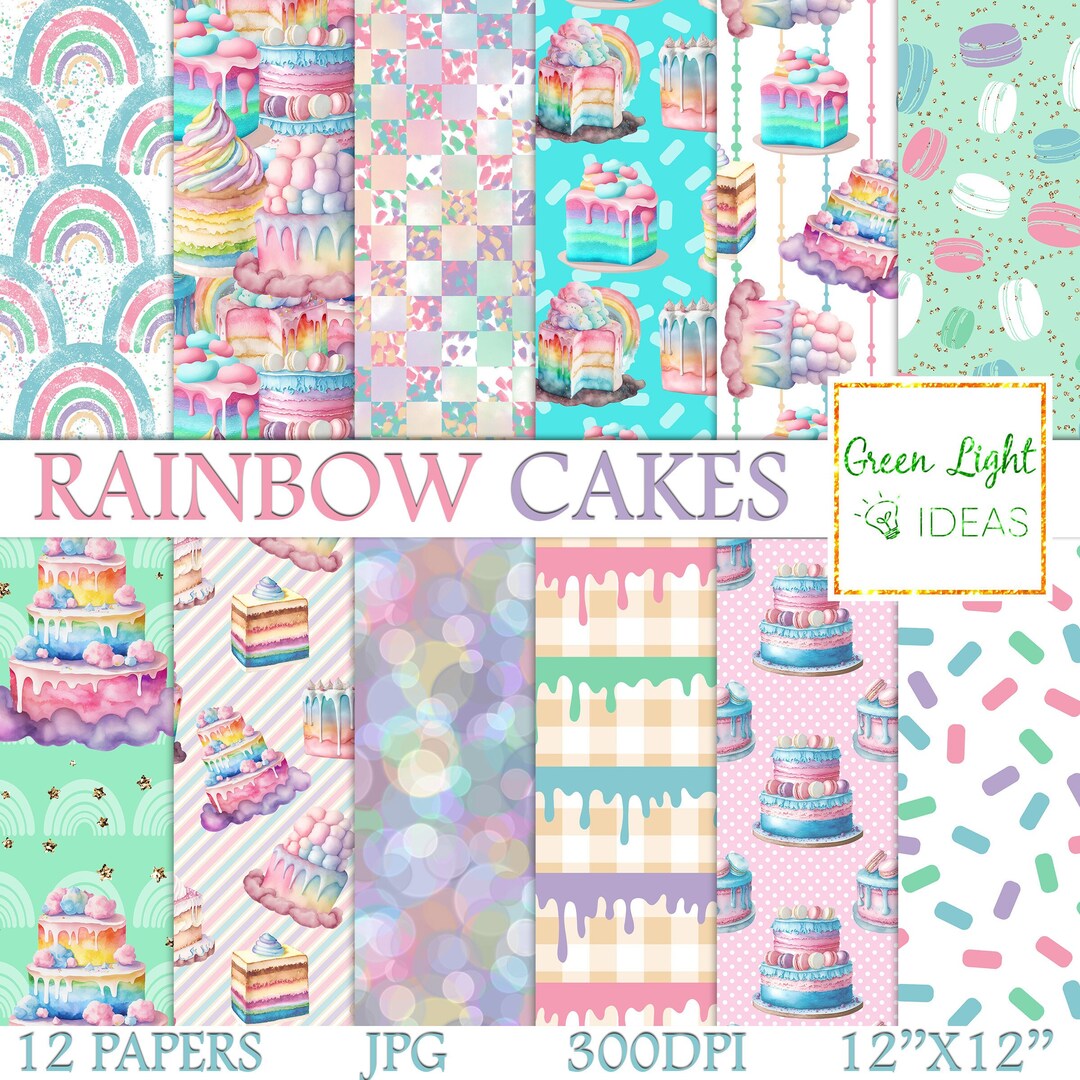Rainbow Cakes Digital Papers, Watercolor Desserts Backgrounds, Bakery ...