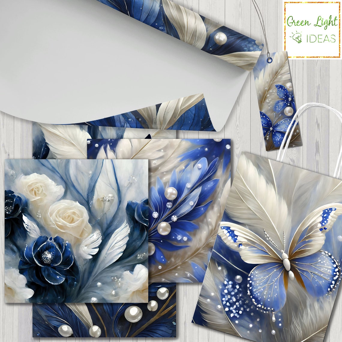 Blue Luxury Digital Paper, Blue Flowers Scrapbook Papers, Blue and ...