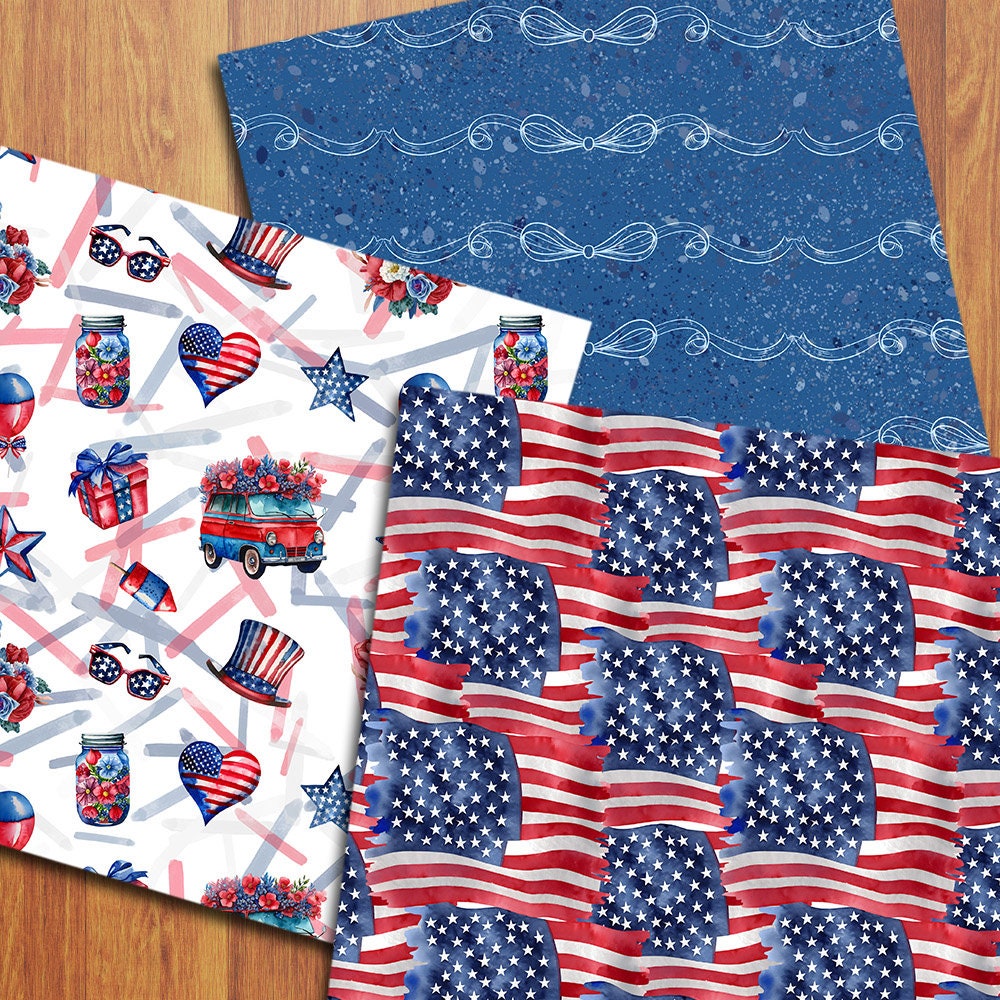 4th of July Digital Papers, Independence Day Backgrounds, Red and Blue ...