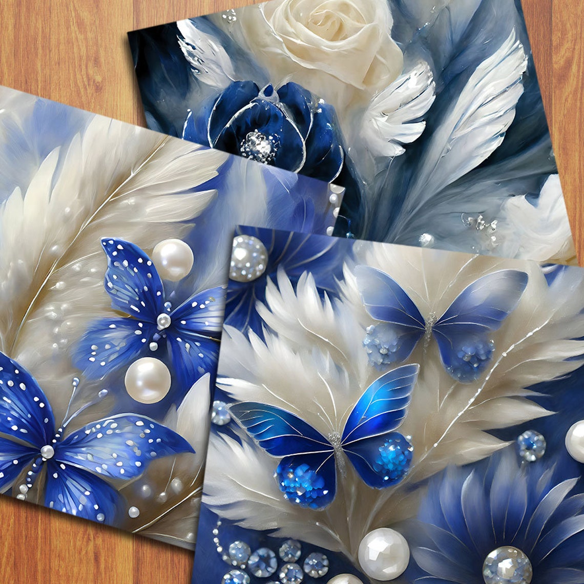 Blue Luxury Digital Paper, Blue Flowers Scrapbook Papers, Blue and ...