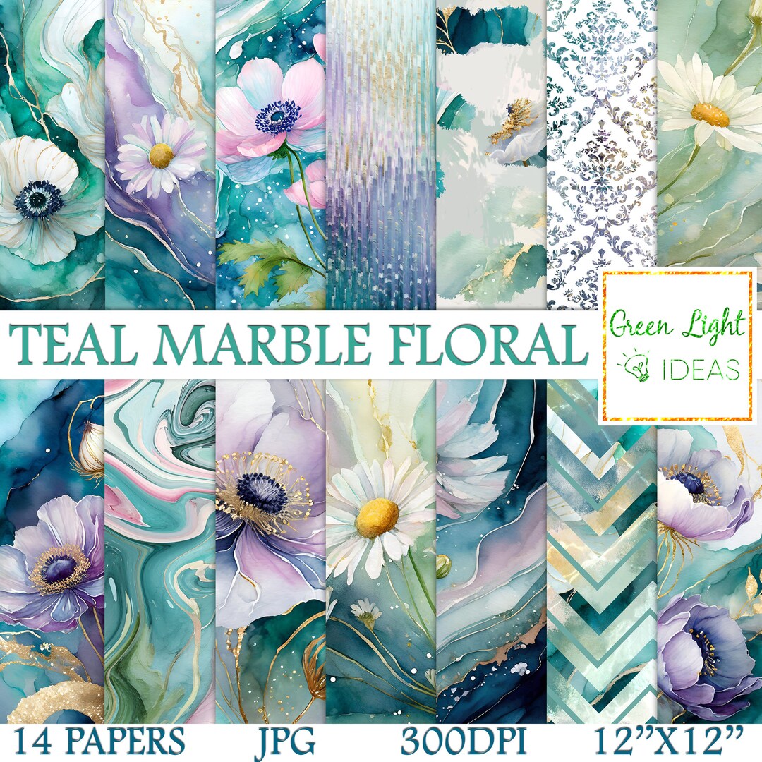 Teal Marble Floral Digital Paper, Purple Flowers Scrapbook Papers ...