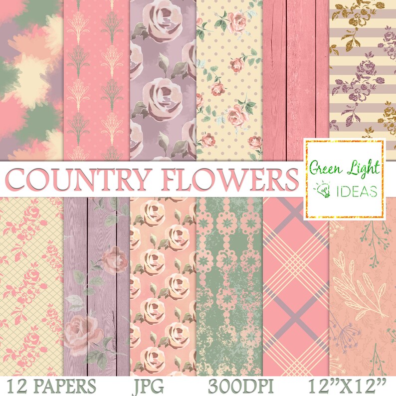 Country Flowers Digital Papers, Shabby Scrapbook Papers, Floral ...
