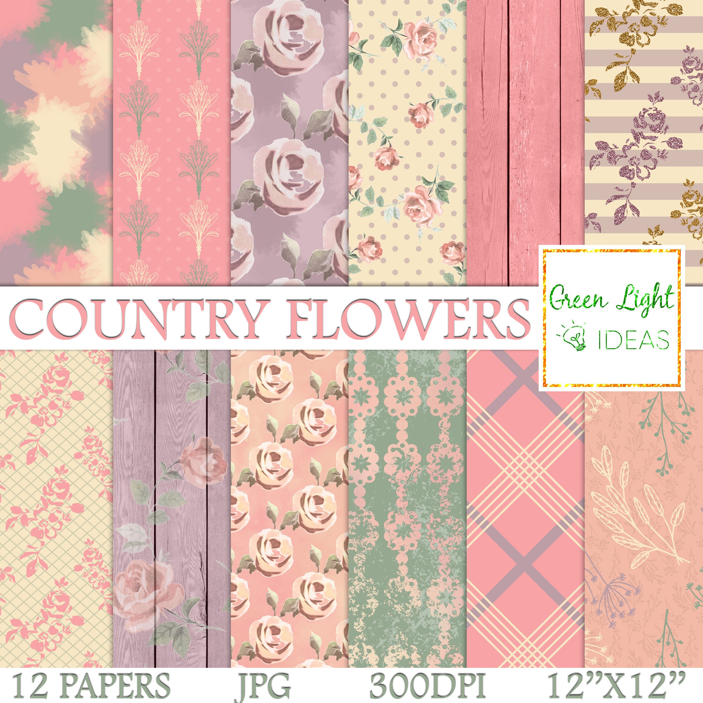 Country Flowers Digital Papers, Shabby Scrapbook Papers, Floral ...