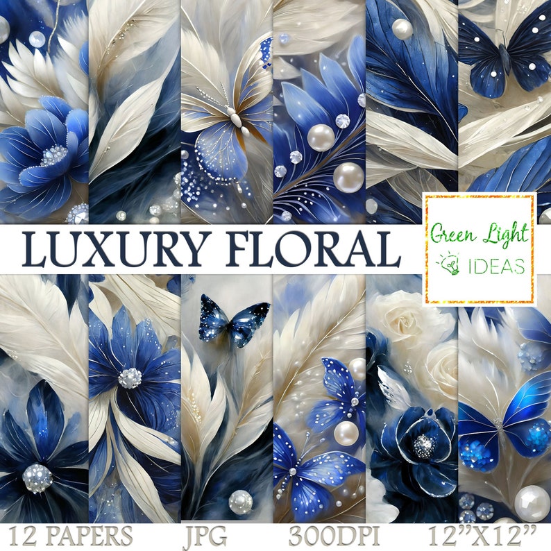 Blue Luxury Digital Paper, Blue Flowers Scrapbook Papers, Blue and ...