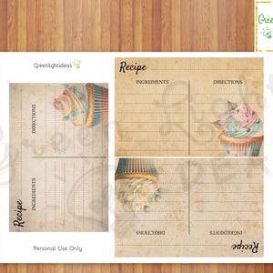 Vintage Cupcake Recipe Cards, Printable Cook Book Collage Sheet, Retro ...