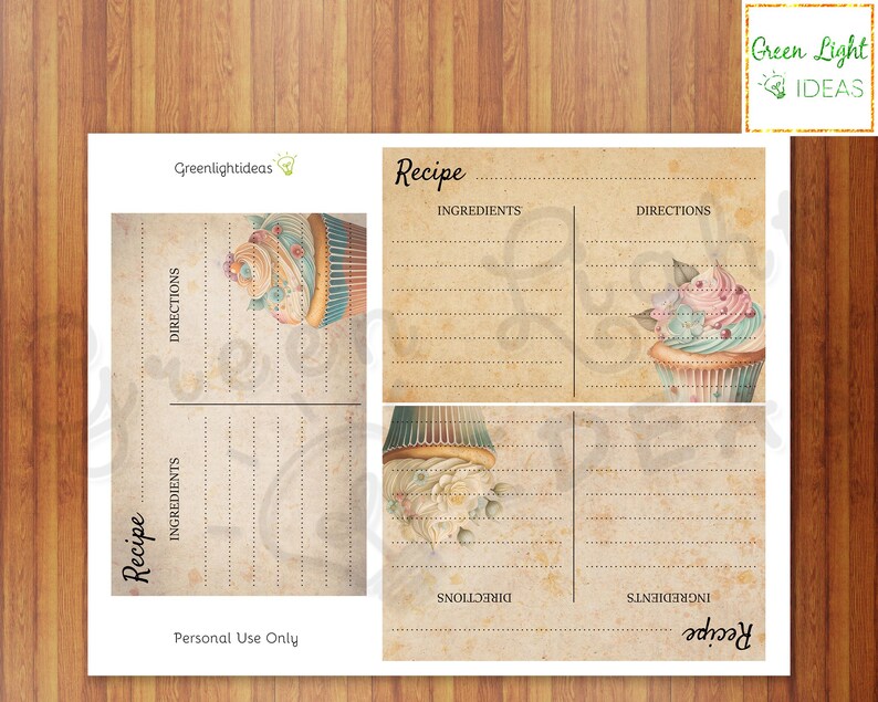 Vintage Cupcake Recipe Cards, Printable Cook Book Collage Sheet, Retro ...