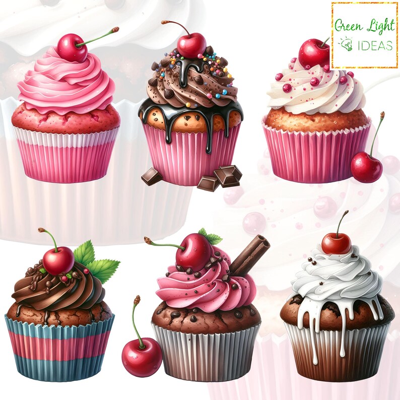 Cherry Cupcakes Clipart, Watercolor Cherry Desserts Illustrations ...