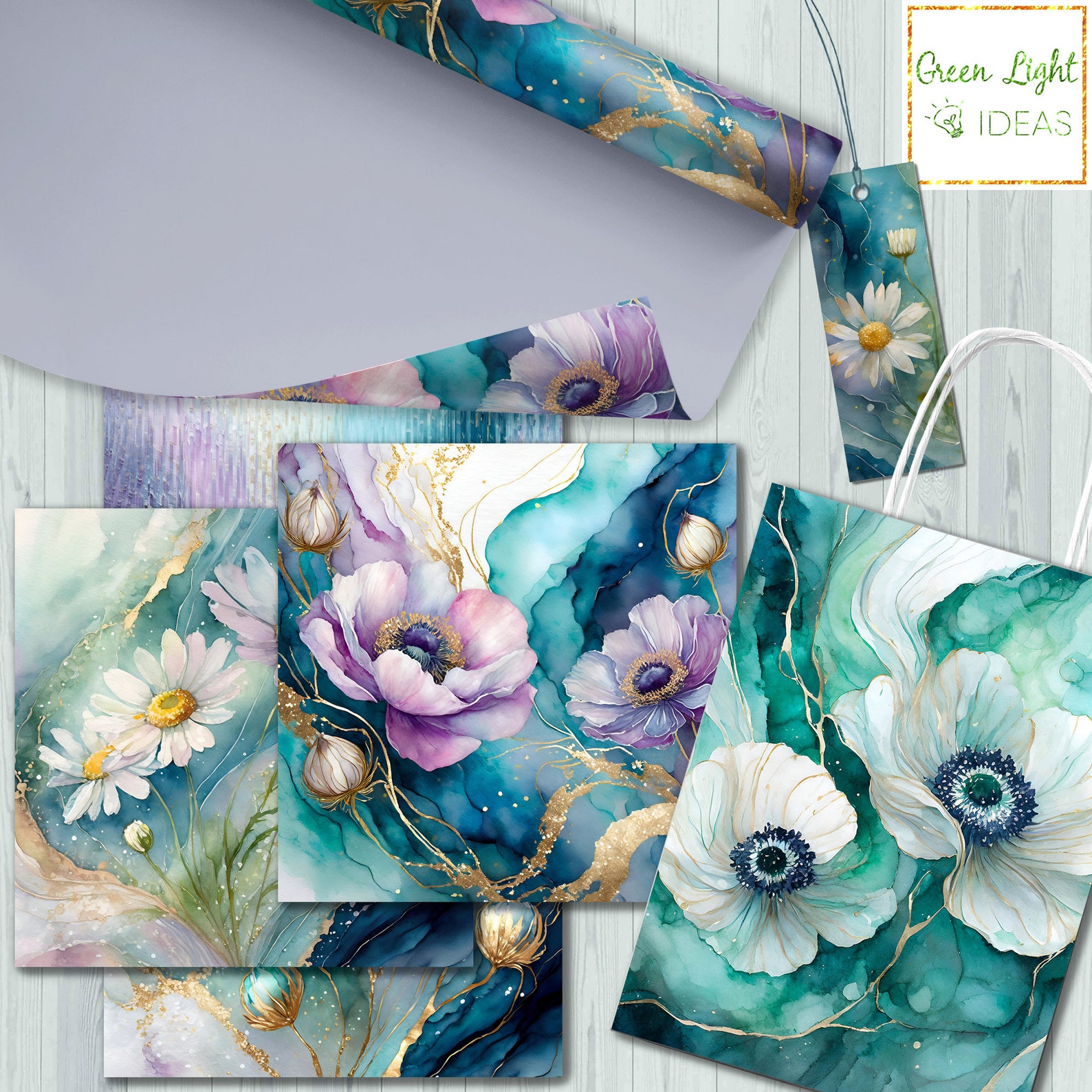 Teal Marble Floral Digital Paper, Purple Flowers Scrapbook Papers ...