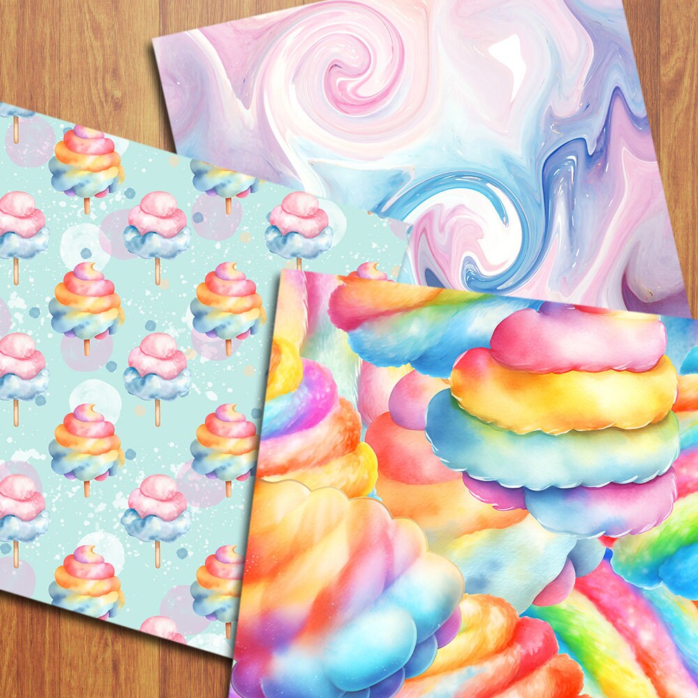 Cotton Candy Digital Papers, Watercolor Desserts Backgrounds, Clouds ...