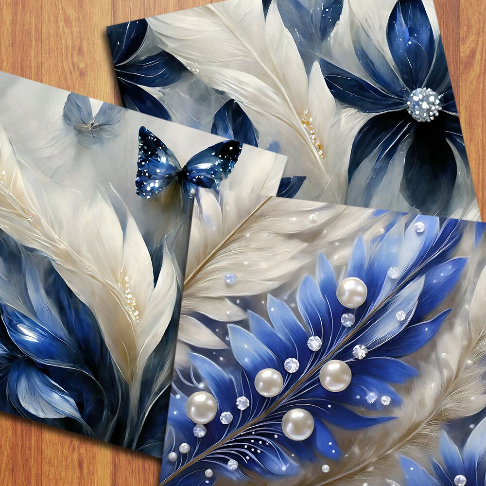 Blue Luxury Digital Paper, Blue Flowers Scrapbook Papers, Blue and ...