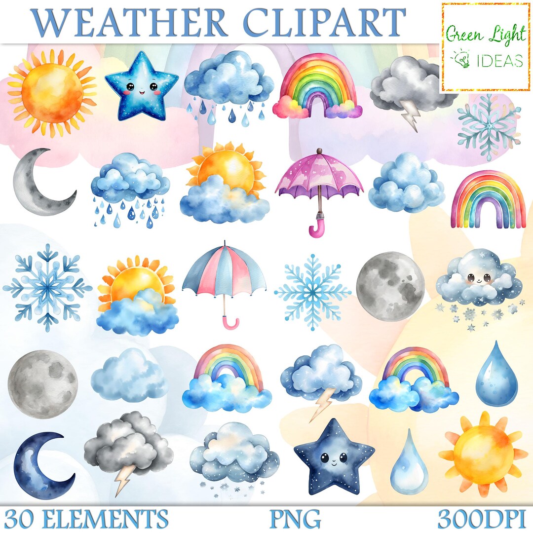Watercolor Weather Clipart, Cute Weather Sublimation Graphics PNG, Sun ...