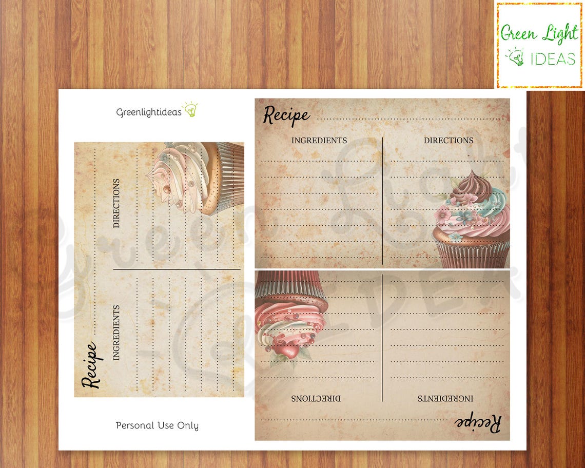 Vintage Cupcake Recipe Cards, Printable Cook Book Collage Sheet, Retro ...