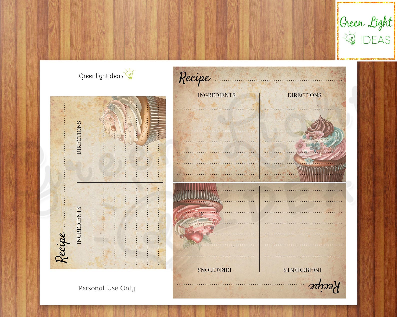 Vintage Cupcake Recipe Cards, Printable Cook Book Collage Sheet, Retro ...