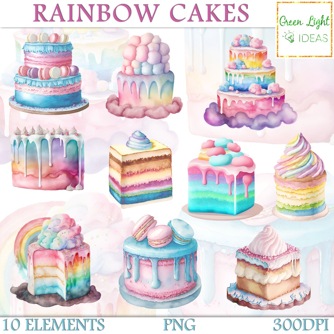 Rainbow Cakes Clipart, Watercolor Desserts Food Illustrations, Birthday ...