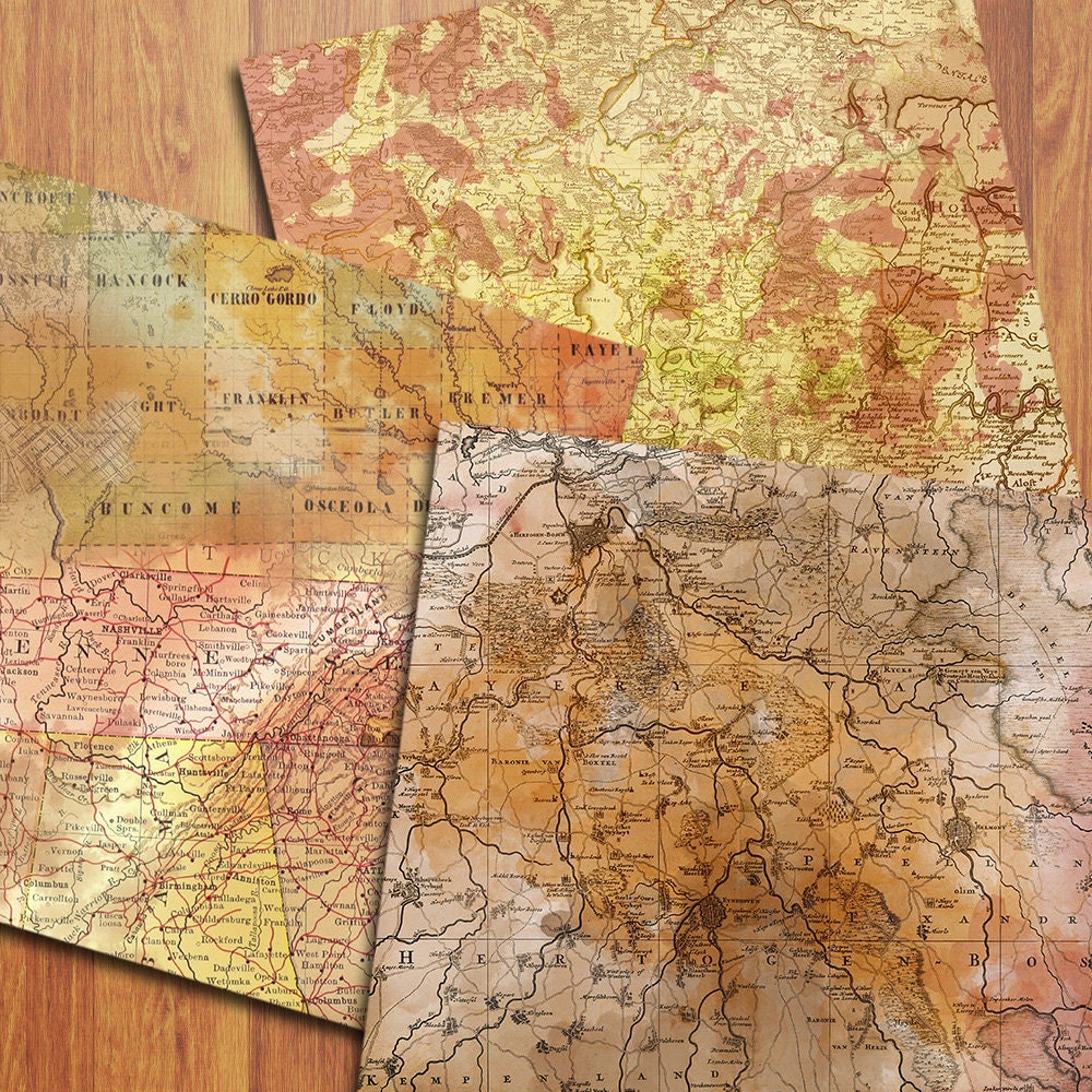 Vintage Maps Digital Papers, Ephemera Scrapbook Papers, Old Maps ...