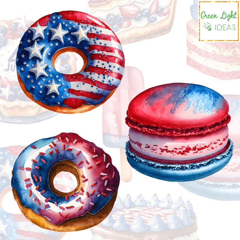 4th of July Watercolor Desserts Clipart, USA Holiday Sweets Food ...