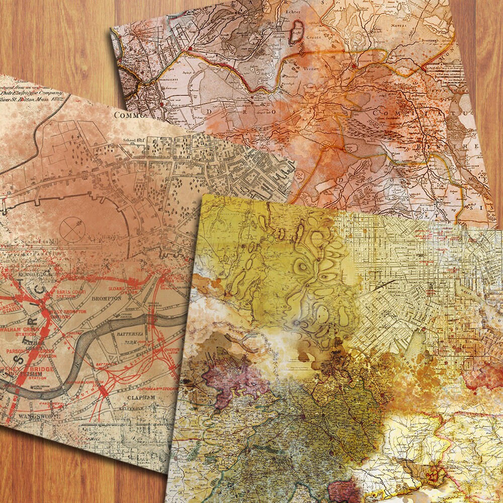 Vintage Maps Digital Papers, Ephemera Scrapbook Papers, Old Maps ...