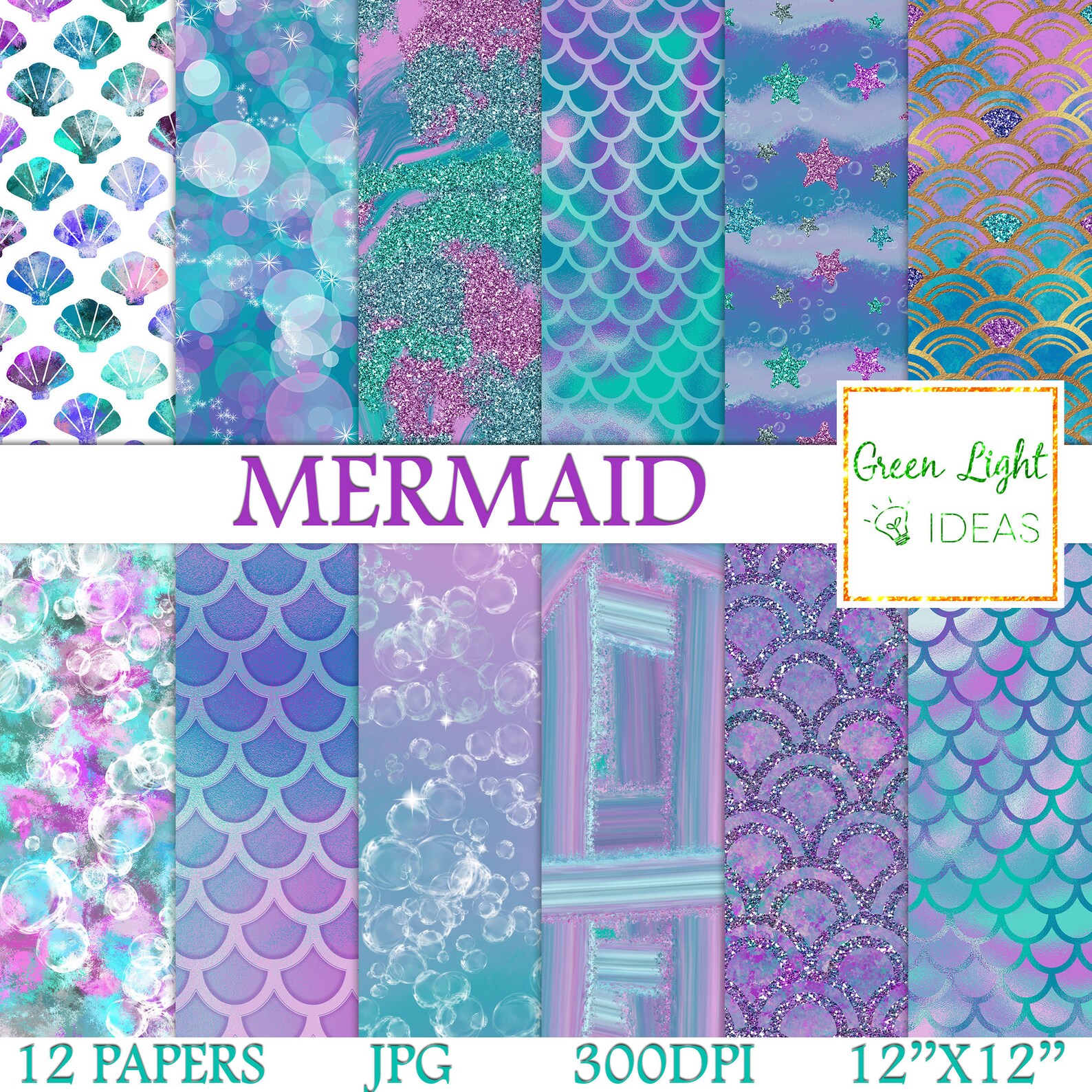 Mermaid Digital Papers, Mermaid Scales Printable Papers, Undersea ...