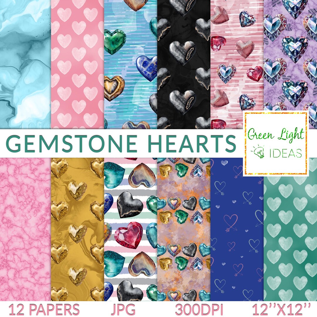 Gemstone Hearts Digital Papers, Gems Scrapbook Papers, Precious Stones ...