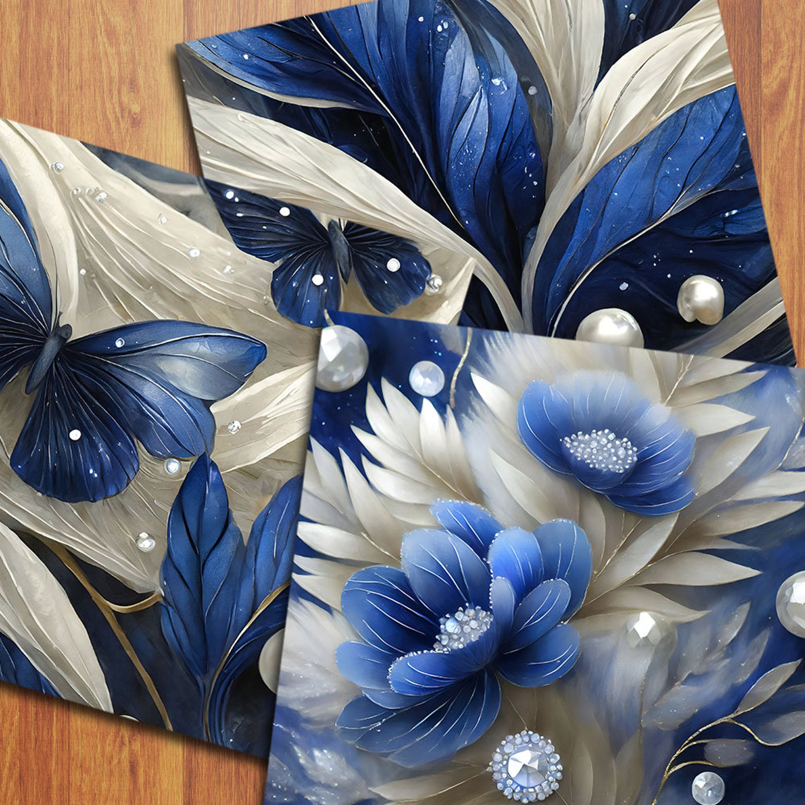 Blue Luxury Digital Paper, Blue Flowers Scrapbook Papers, Blue and ...