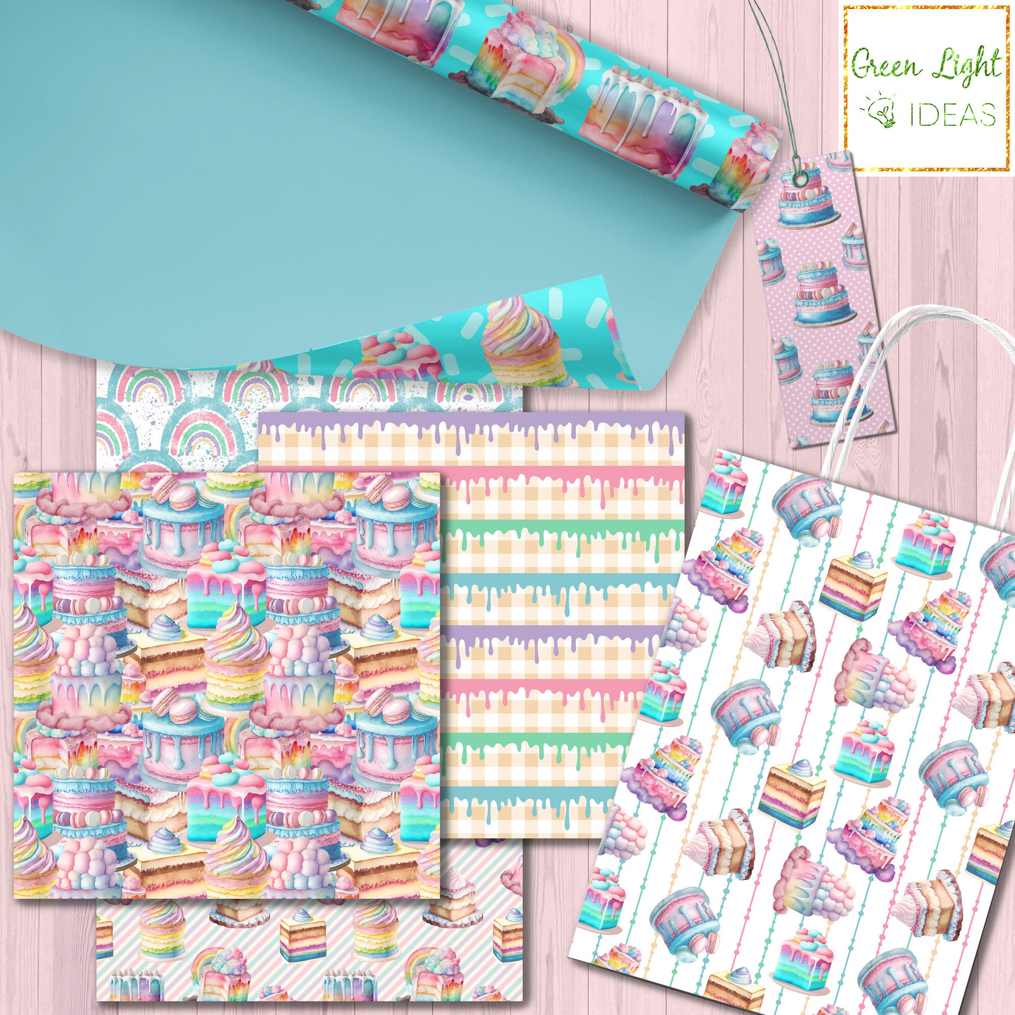 Rainbow Cakes Digital Papers, Watercolor Desserts Backgrounds, Bakery ...
