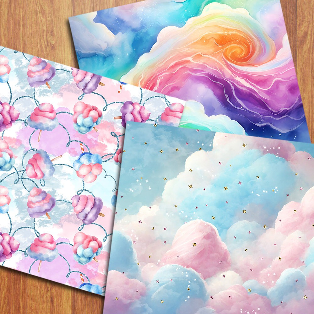 Cotton Candy Digital Papers, Watercolor Desserts Backgrounds, Clouds ...