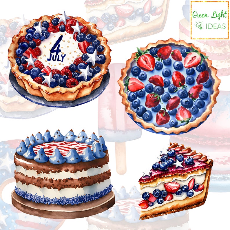 4th of July Watercolor Desserts Clipart USA Holiday Sweets - Etsy