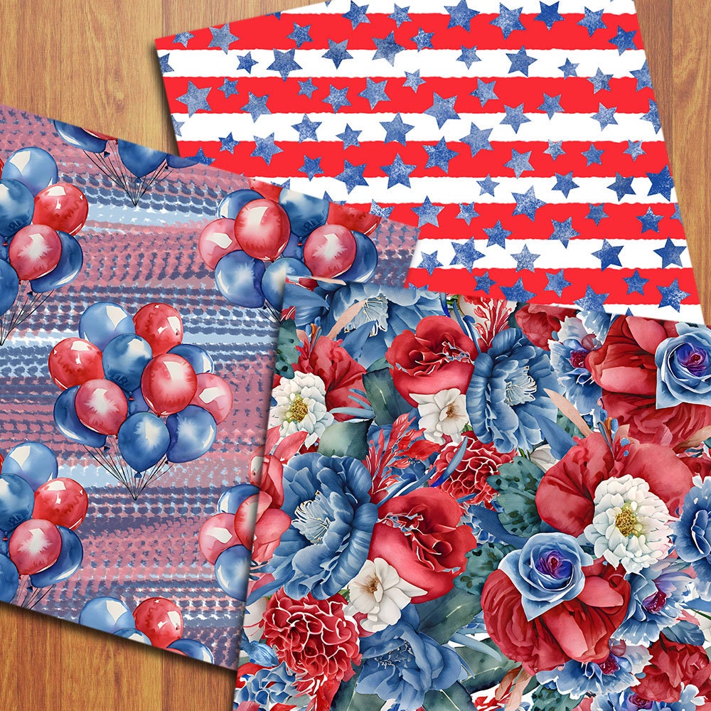 4th of July Digital Papers, Independence Day Backgrounds, Red and Blue ...