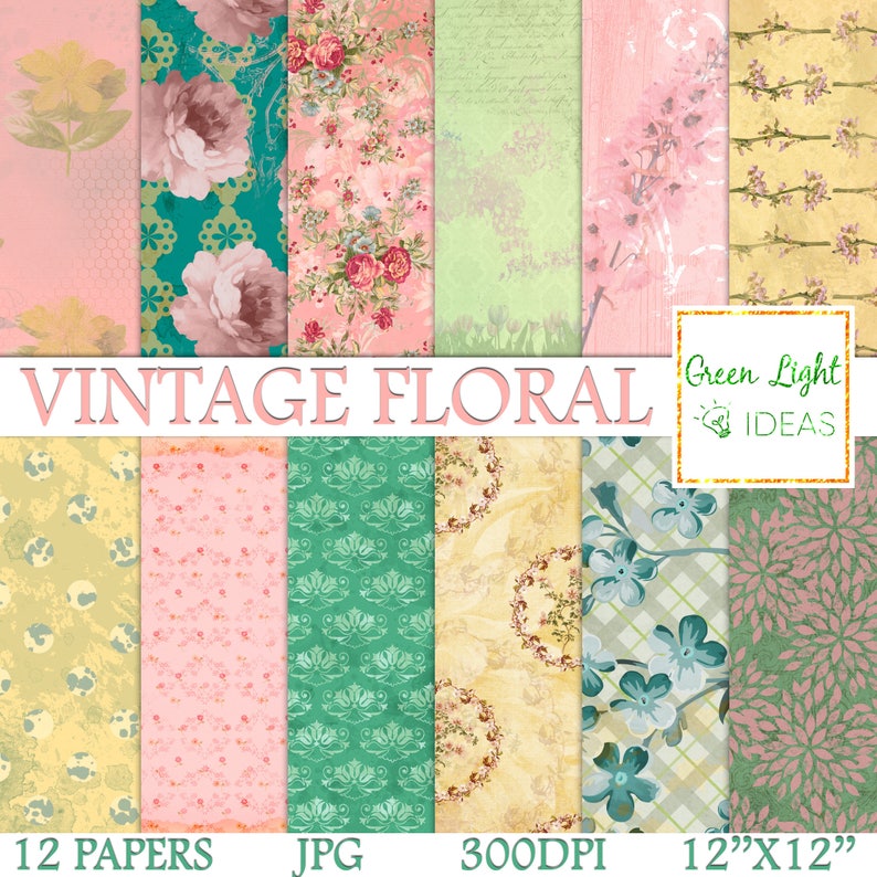 Floral Vintage Digital Papers, Shabby Scrapbook Papers, Spring ...